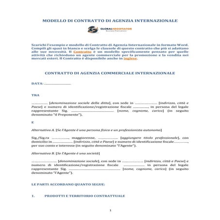 Contratto di Agenzia Commerciale Internazionale | PDF