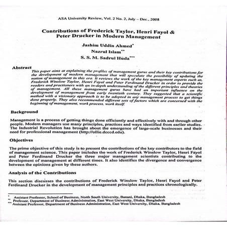 Contributions of Frederick Taylor, Henri Fayol & Peter Drucker in ...
