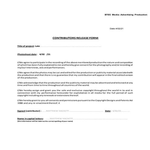 Contributor release form liv | PDF