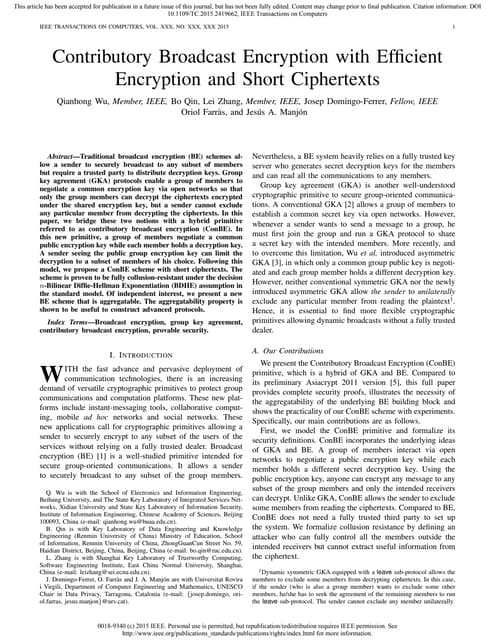 Contributory Broadcast Encryption With Efficient Encryption And Short Ciphertexts Pdf
