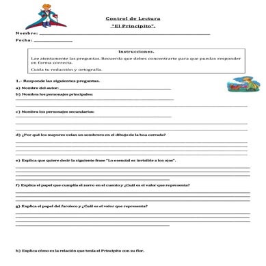 Control de lectura especial el principito | DOC