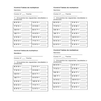 Control tablas de multiplicar | DOCX