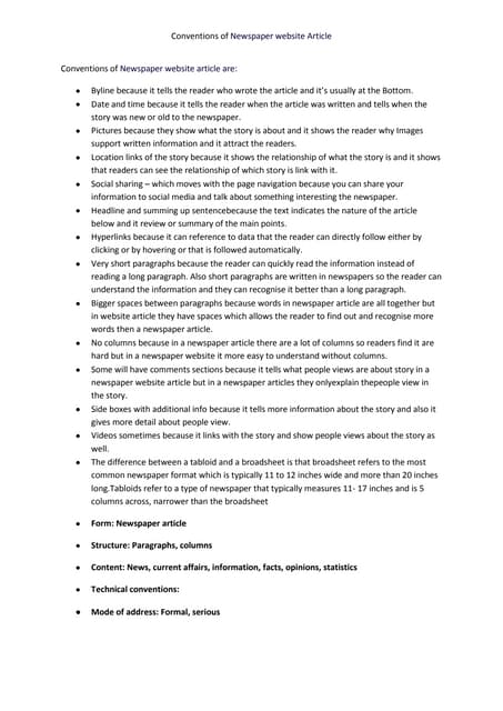 Conventions of newspaper articles and website articles | PPTX | Internet | Computing