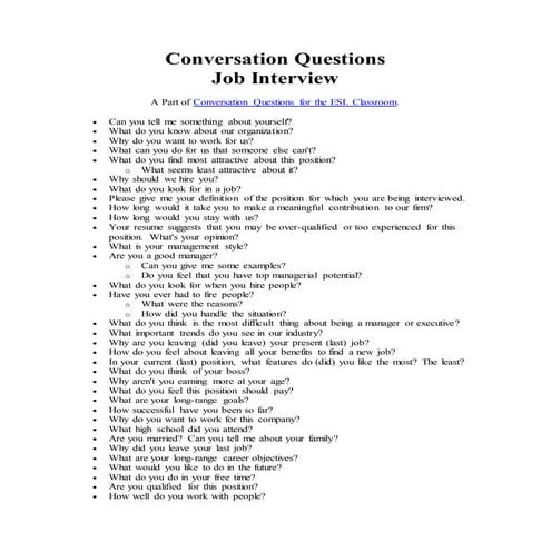 Job Interview Questions ESL Classroom | PDF