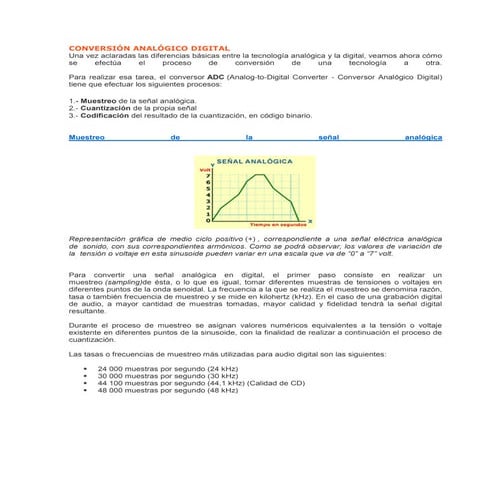 Conversion analogico digital: muestreo, cuantizacion y codificacion | DOCX