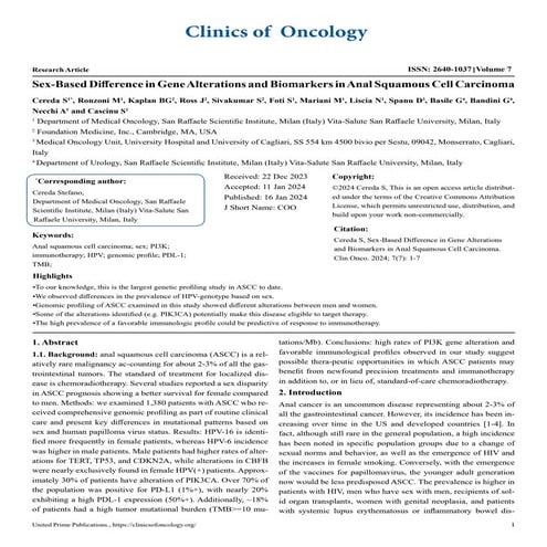 Sex Based Difference In Gene Alterations And Biomarkers In Anal