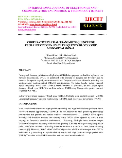Cooperative Partial Transmit Sequence For Papr Reduction In Space Frequency Block Code Mimo Ofdm
