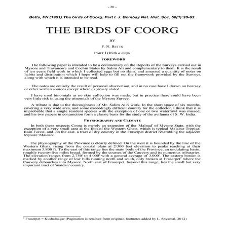The Birds of Coorg by F N Betts | PDF