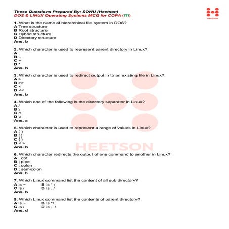 ITI COPA MS Dos and Linux OS MCQ in Hindi | PDF