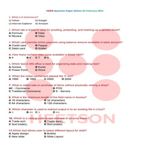 COPA Question Paper 2021, 25 February Online | PDF