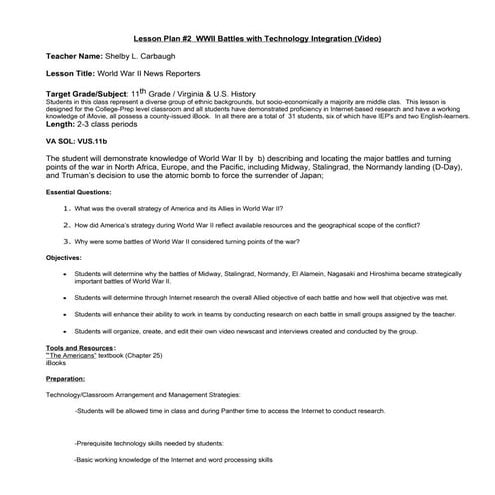 Copy Of Lesson Plan #2 Wwii Battles With Tec...[1] | DOC | Documentary ...