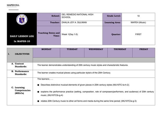 mapeh 10 muwsic quarter 1 lesson plan for grade 10 | DOCX