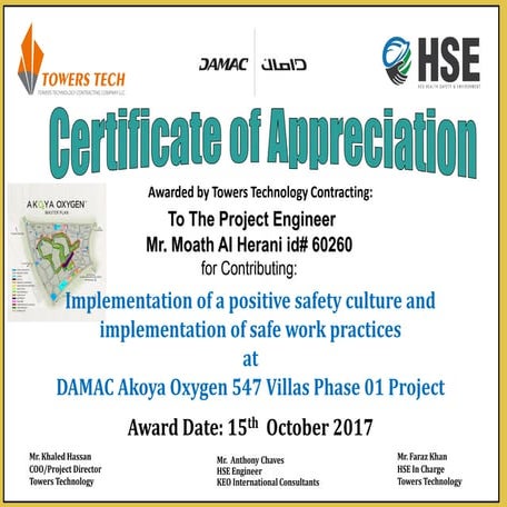 safety certificate of appreciation engr. moath 60260 | PDF