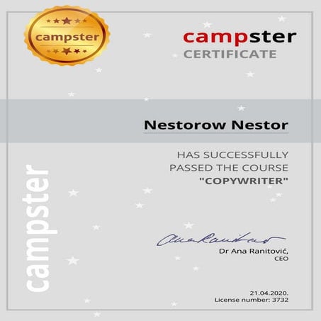 Copywriter serificate - Campster | PDF
