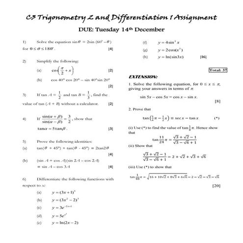 Core 3 assignement 5 10 11 (trigonometry 2 and differentiation 1) | DOCX | Physics | Science