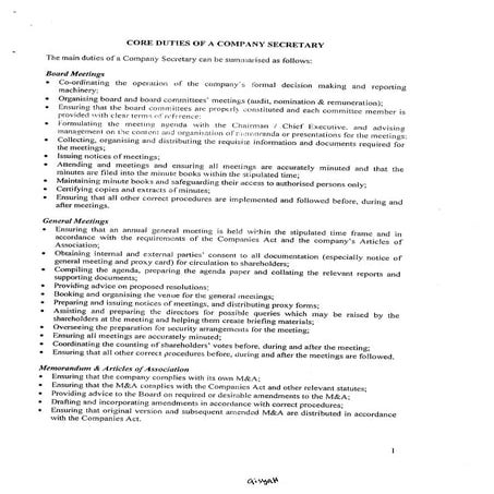 Core Duties of Company Secretary | PDF