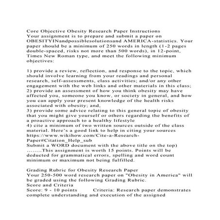 Core Objective Obesity Research Paper InstructionsYour assignmen.docx | Fitness and Exercise ...