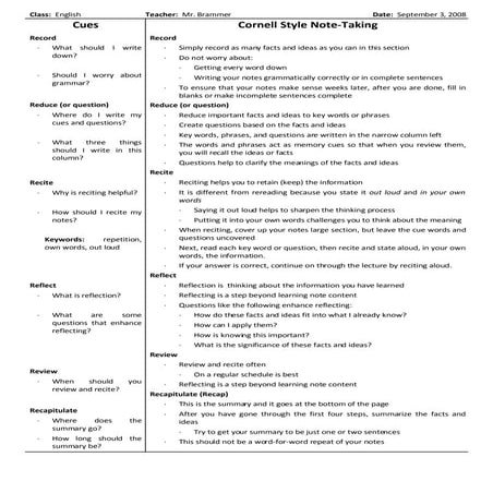 Cornell Style Notes Format | DOC