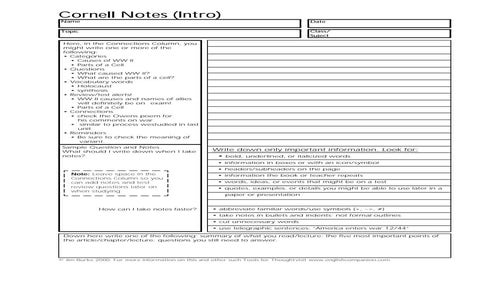 Cornell Notes Template Word Document