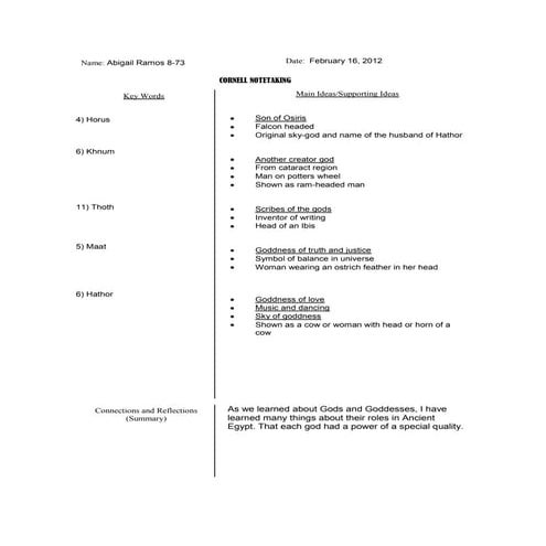 Danilyns Cornell Notes –Ancient Egyptian Gods and Goddesses | PDF