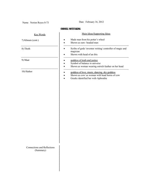 Cornell notetaking template gods and goddesses page 1 | PDF