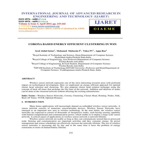 Wireless Sensor Network Based Clustering Architecture For Cooperative…