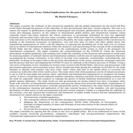 Corona virus: Global Implications on the post-Cold War World Order | PDF