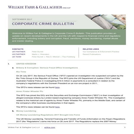 Willkie Farr & Gallagher Corporate Crime Bulletin September 2017 | PDF