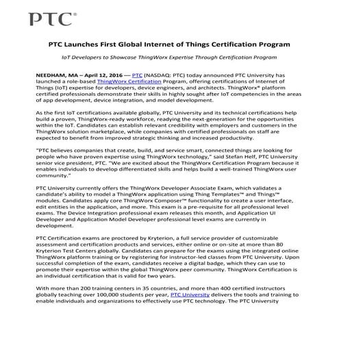 PTC Launches First Global Internet of Things Certification Program | PDF
