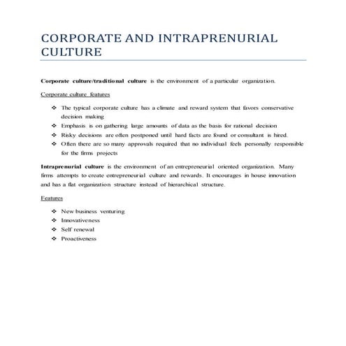 Corporate and intraprenurial culture (corporate vs intrapreneurial ...
