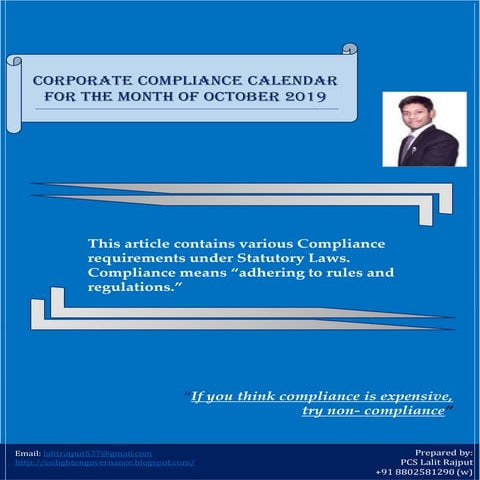 Corporate Compliance Calendar for the month of October 2019 | PDF