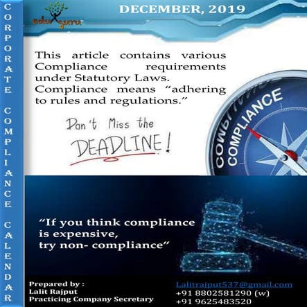 Corporate compliance calendar for the month of december 2019 | PDF