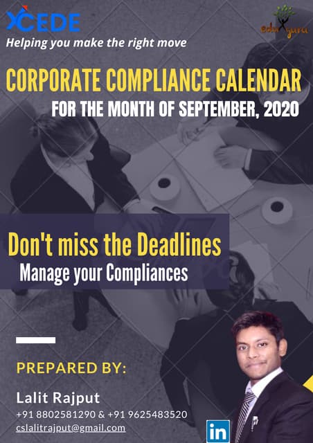 Corporate Compliance Calendar for the month of September 2019 | PDF