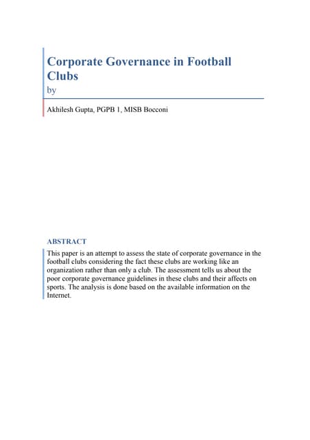 Corporate governance of Professional football clubs: For Profit or for ...