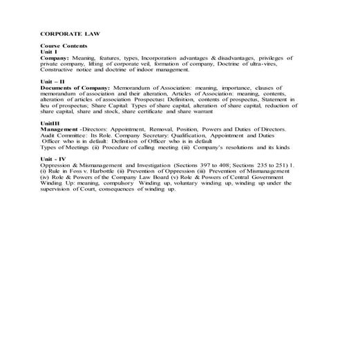 CORPORATE LAW - Unit I & II | DOCX