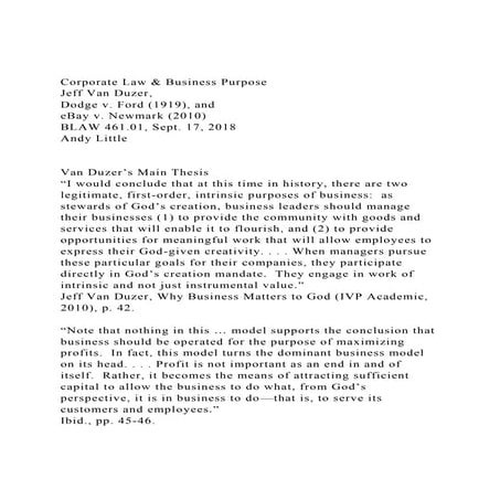 Corporate Law & Business PurposeJeff Van Duzer,Dodge v. Ford.docx