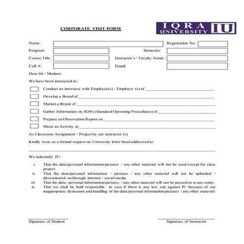 Corporate Visit Form FOR IQRA UNIVERSITY STUDENTS | DOCX