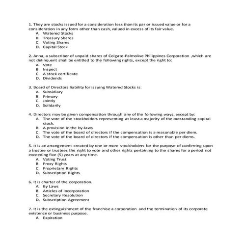 Corporation Law Questions | DOCX