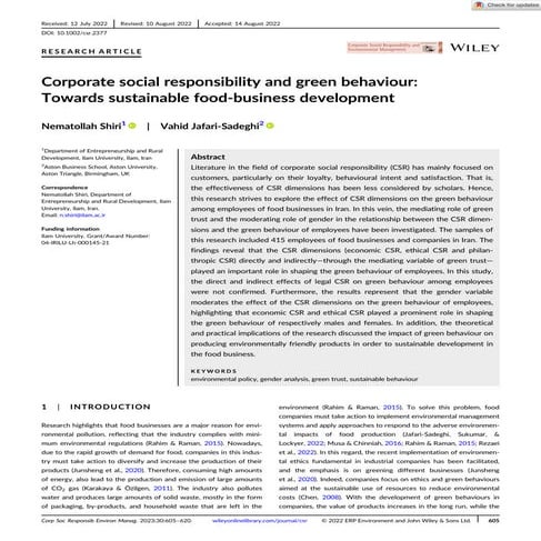 Corp Soc Responsibility Env - 2022 - Shiri - Corporate social responsibility and green behaviour ...