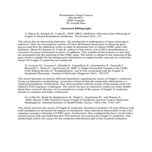 Annotated Bibliography of Fragle X Syndrome | DOCX