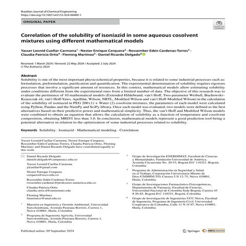 Correlation of the solubility of isoniazid in some aqueous cosolvent mixtures using different ...