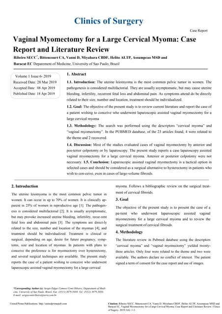 Vaginal Myomectomy For A Large Cervical Myoma Case Report And Literature Review Pdf