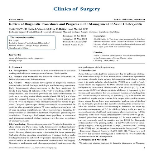 Review of Diagnostic Procedures and Progress in the Management of Acute ...