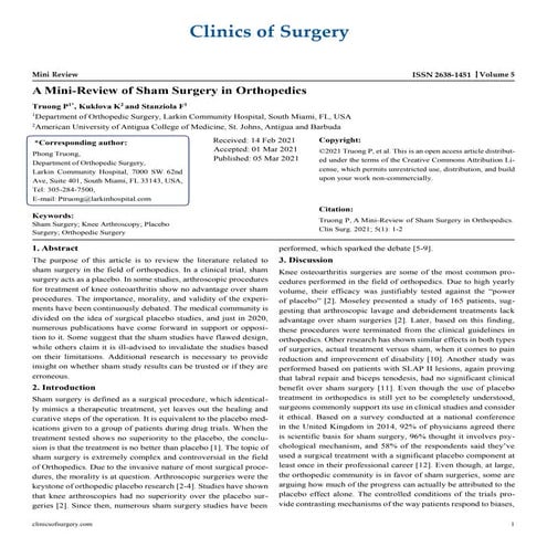 A Mini-Review of Sham Surgery in Orthopedics | PDF
