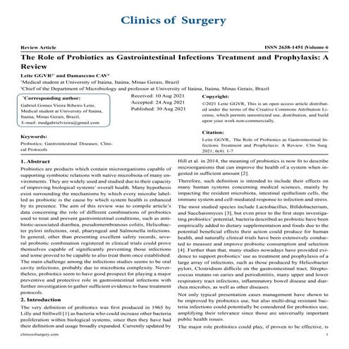 The Role of Probiotics as Gastrointestinal Infections Treatment and ...