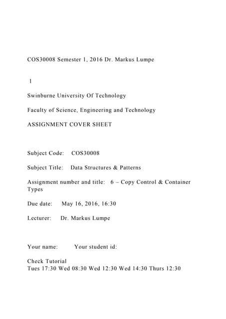 Cos30008 Semester 1 2016 Dr Markus Lumpe 1 Swinbudocx