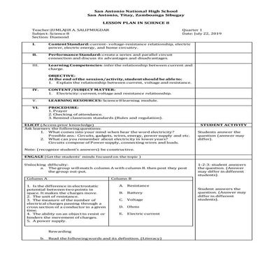 science 8 electricity lesson plan | DOCX
