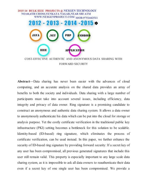 Cost Effective Authentic And Anonymous Data Sharing With Forward Security Docx Information