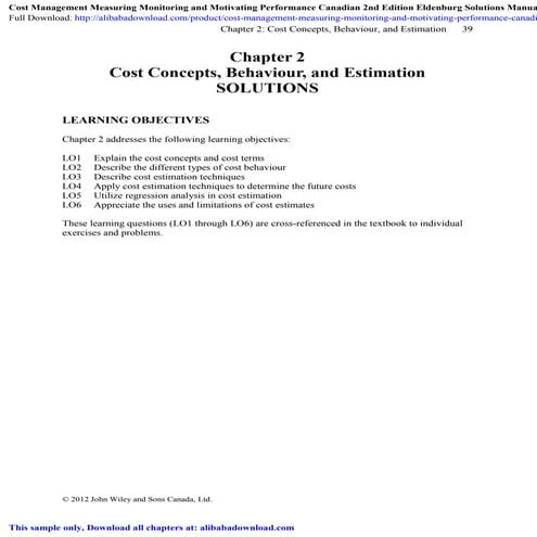 Cost Management Measuring Monitoring And Motivating Performance Canadian 2nd Edition Eldenburg
