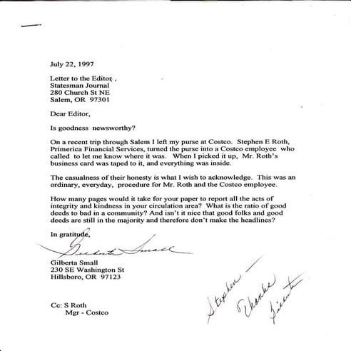 Costco Customer Letter to the Editor regarding Steve Roth Oregon | PDF